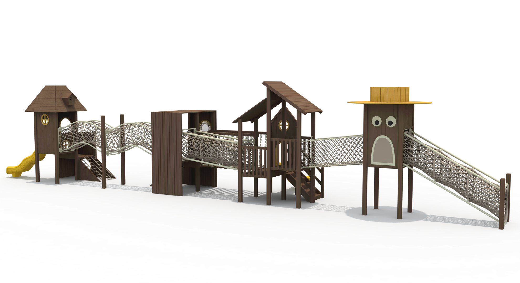 Wooden Hut Playground with Wave Slides and Climbing Net | NanPlay